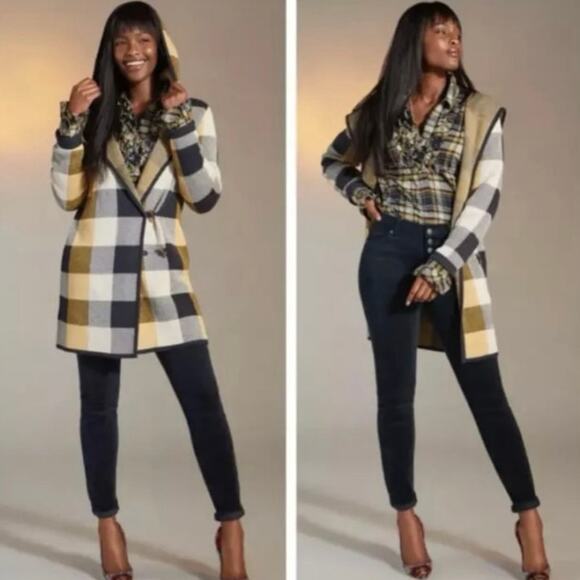 CAbi | Jackets & Coats | Cabi 4229 Yellow Gray Hooded Buffalo Plaid ...
